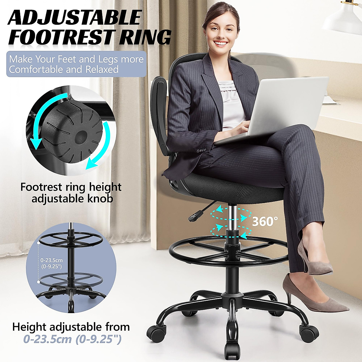 AtHope Drafting Chair, Tall Office Chair Ergonomic Standing Desk Chair,with Adjustable Footrest Ring, 3D Lumbar Support, Flip-up Armrests, Swivel Desk Stool for Drawing Working (Black)