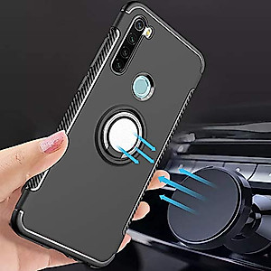 Phone Case for Xiaomi Redmi Note 8 with Tempered Glass Screen Protector Cover and Magnetic Stand Ring Holder Slim Kickstand Hybrid Hard Cell Accessories Xiami Xiomis Xiome Redme Note8 Cases Men Black
