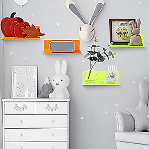 4 Pack Acrylic Floating Wall Shelves 9 Inch Adhesive Shelf Mounted Display Book Shelf for Pop Figure Plant, Speaker, Acrylic Shelve for Bathroom, Bedroom, Gaming Room, Living Room (Green, Orange)
