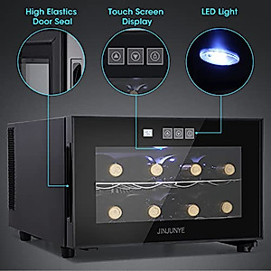 JINJUNYE Wine Cooler Refrigerator, 8 Bottle Wine Fridge Small, Countertop Wine Cooler with Digital Temperature Control, Mini Freestanding Wine Cellars Glass Door, Gift for Men Father