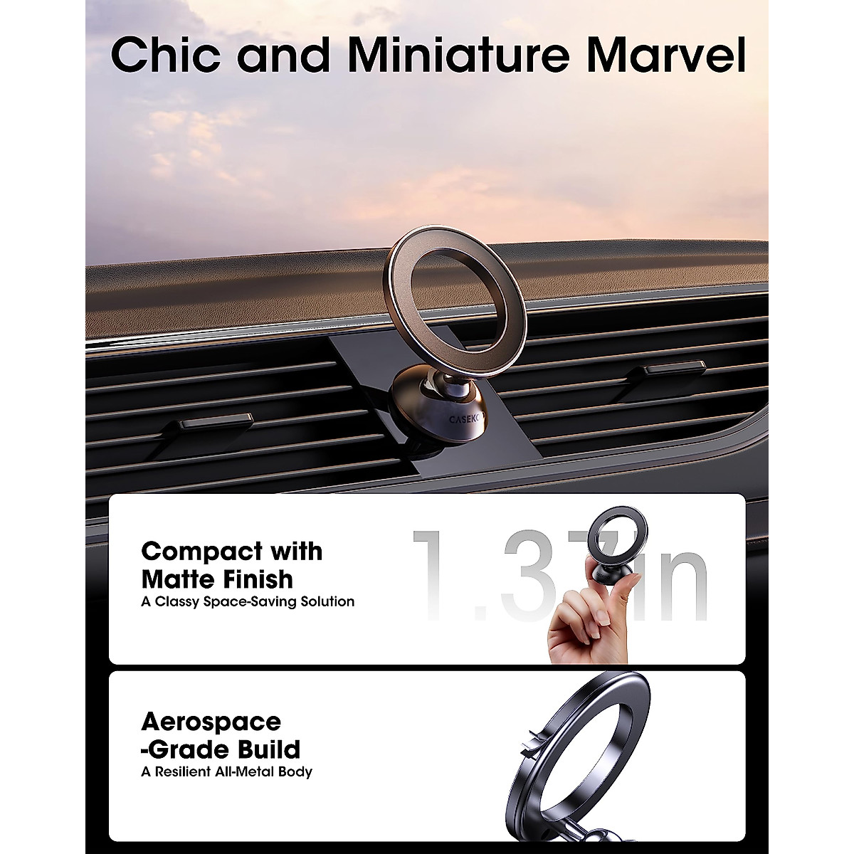 CASEKOO Car Phone Holder, Innovative Magkoo Magnetic Car Mount Smaller Simpler and More Convenient, Compatible with Magsafe 360° Rotatable Fits All Phones & Cases