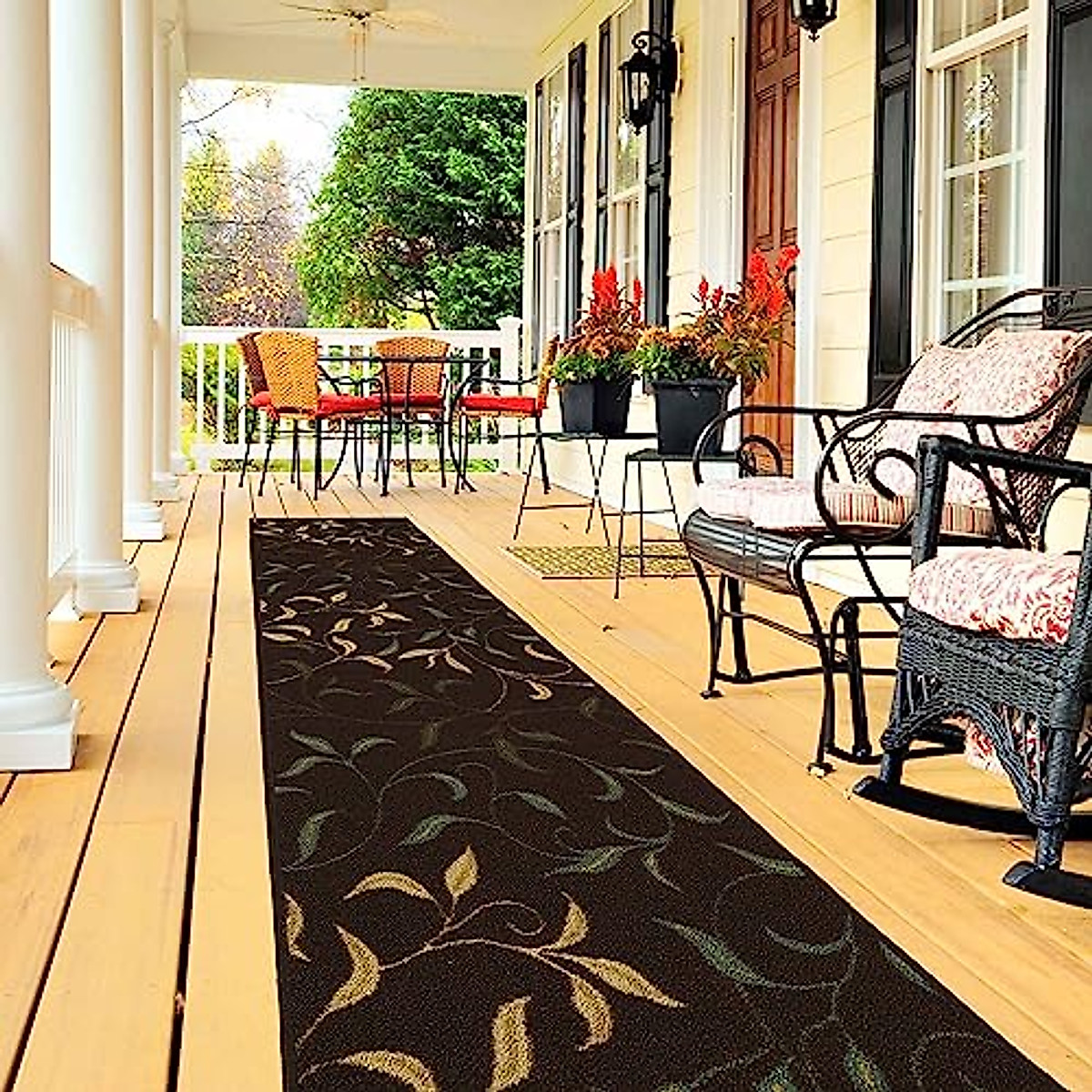 Machine Washable Leaves Design Non-Slip Rubberback 3x10 Traditional Runner Rug for Hallway, Kitchen, Bedroom, Living Room, 2'7" x 9'10", Brown