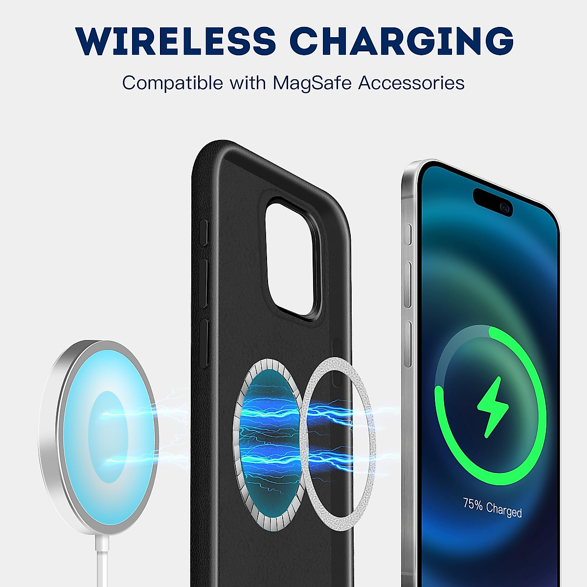 kingflag Vegan Leather Magnetic Case for iPhone 15 Pro Max Wireless Charging, Compatible with MagSafe, Metal Buttons, Shockproof Protective Phone Case Cover for Women Men 6.7" (Matte Black)