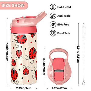 ALAZA Cute Ladybug Polka Dot on Pink Kids Water Bottles with Lids Straw Insulated Stainless Steel Water Bottles Double Walled Leakproof Tumbler Travel Cup for Girls Boys Toddlers 12 oz,Pink