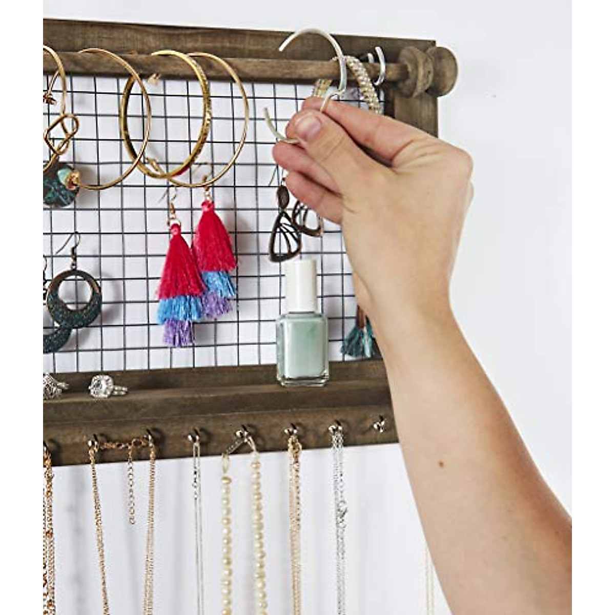 SoCal Buttercup Rustic Jewelry Organizer with Bracelet Rod Wall Mounted - Wooden Wall Mount Holder for Earrings, Necklaces, Bracelets, and Many Other Accessories