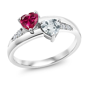 Gem Stone King 925 Sterling Silver Red Created Ruby Sky Blue Aquamarine and Lab Grown Diamond Women Engagement Ring (1.06 Cttw, Heart Shape 5MM, Available in size 5, 6, 7, 8, 9)