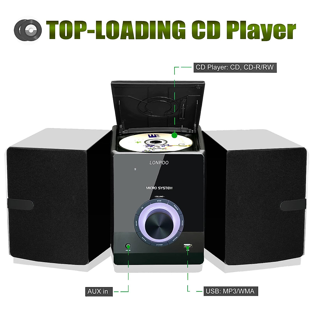 Home CD Stereo Shelf System - 30W Compact Micro Stereo System with CD Player, Bluetooth, FM Radio, Aux-in, USB Playback, 2-Way Music Crisp-Sound, DSP-Tech, Remote Control