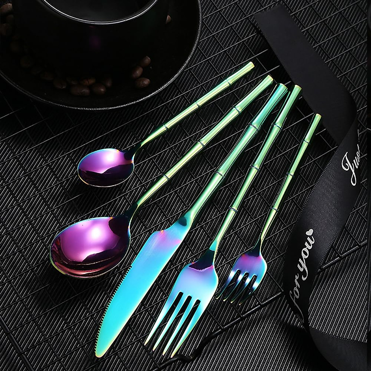 60 Piece Bamboo Shaped Flatware Set Service for 12, 18/10 Stainless Steel Rainbow Bamboo Handle Silverware Cutlery Set For Home Kitchen Hotel Utensils, Mirror Polished, Dishwasher Safe