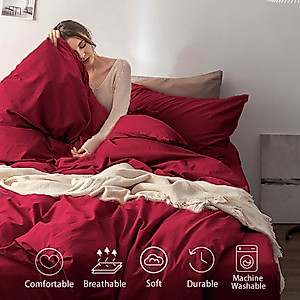 Famanti Brown Duvet Cover Bedding Set 3 Piece 100% Cotton Linen Textured Duvet Cover Breathable and Durable with Zipper Closure Corner Tie Gift for Men and Women (Red, Twin 68”×86”)