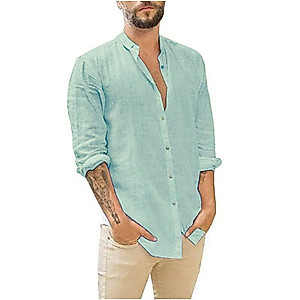 SIR7 Men's Long Sleeve Linen Shirts Casual Button Down Beach Quick Drying Shirts Green Small