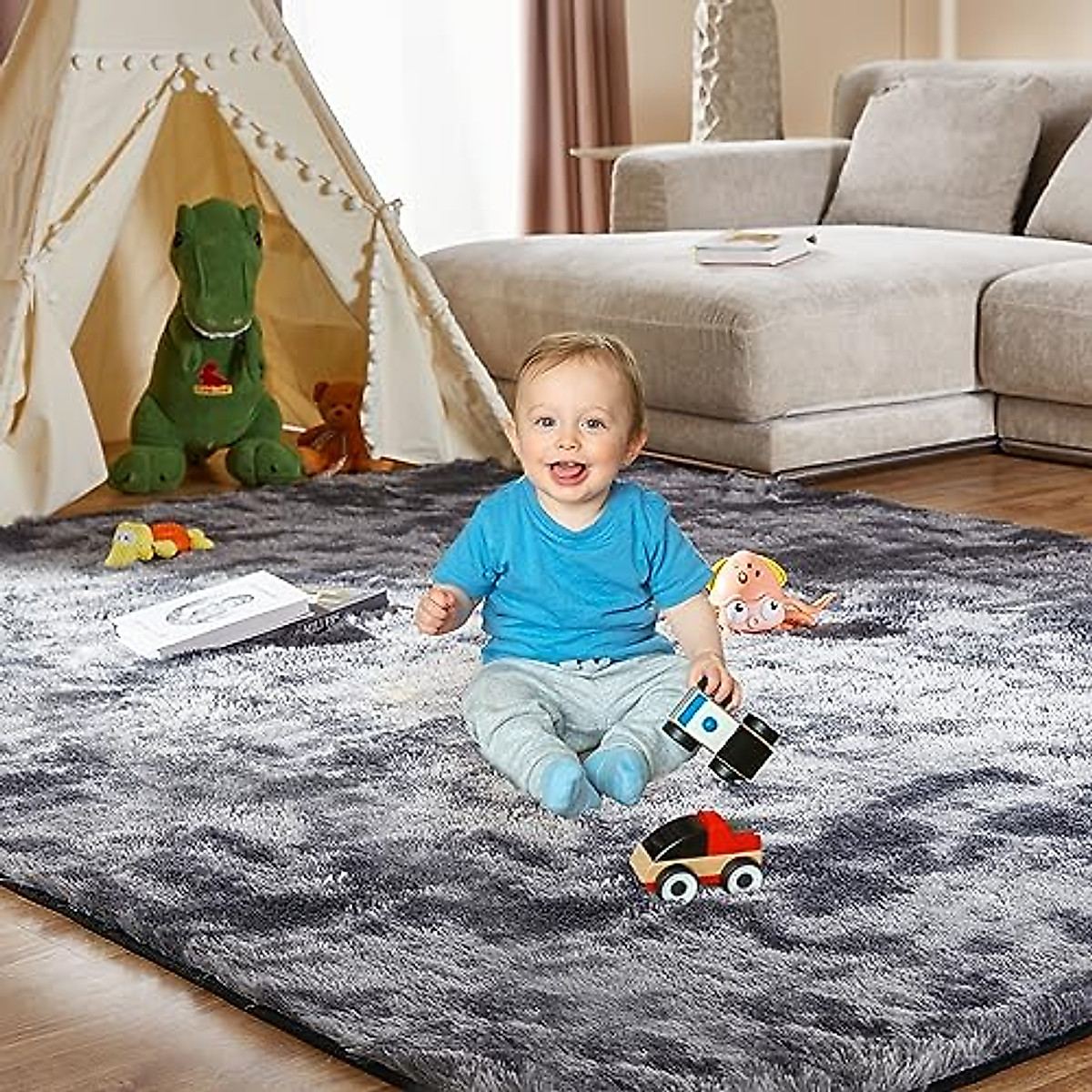 Luxury 8x10 Large Area Rugs for Living Room, Super Soft Fluffy Modern Bedroom Rug, Big Indoor Thick Soft Nursery Rug, Non-Skid Nursery Faux Fur Carpet for Kids Room Home Décor, Tie-Dyed Dark Gray