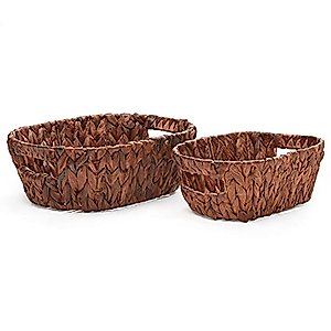 Americanflat Water Hyacinth Storage Baskets with Handle - Handwoven and Decorative for Organizing at Home - Set of 2 - 1 Large and 1 Small Oval Wicker Basket (Walnut Color)