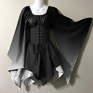 Halloween Dresses for Women, Long Sleeve Midi Dress 40S Style Dresses Women A is Adley Dresses Retro Court Dress Gothic Vintage Lace Dress White Bell Dress Witch Irish Costume (M, Black)