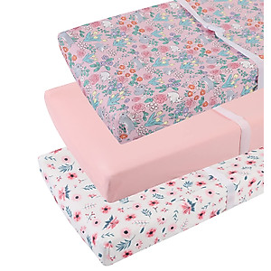 Tontukatu Changing Pad Cover Set 3 Pack Jersey Knit Ultra Soft for Baby Boys Girls Floral/Grey Rabbit/Pink