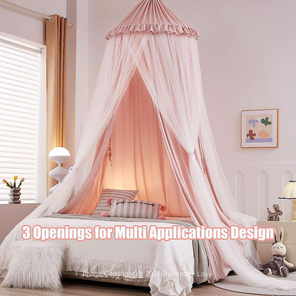 Hommi Lovvi Double Layers Bed Canopy with Star Lights, 3 Pieces Layers Canopy for Girls Bed, Princess Round Dome Dreamy Play Tent, Hanging Kids Reading Nook Mosquito Net, Machine Washable - Light Pink