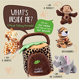 Talking Plush Jungle Animals Set: 4 Soft Safari Toys - Elephant, Monkey, Giraffe, Tiger & Jungle House Carrier