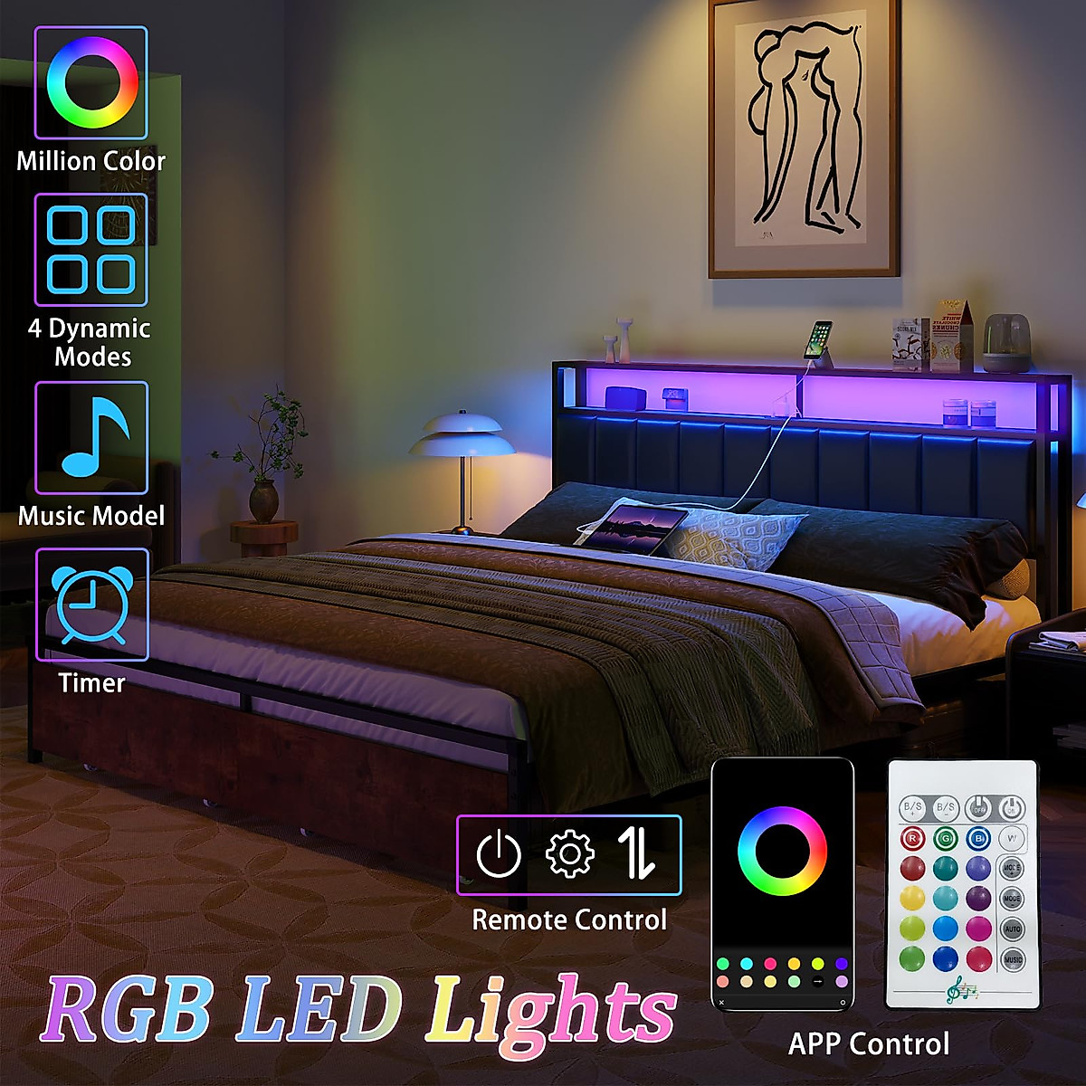 amerlife LED Bed Frame with Drawers, Queen Platform Bed Frame with 2-Tier Storage & Leather Upholstered & Charging Station Headboard, No Box Spring Needed, Easy Assembly, Noise Free, Rustic Brown