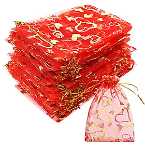 Shappy 100 Pieces Heart Organza Bags 4 x 6 Inch Sheer Drawstring Bags Jewelry Candy Pouch Gift Bags for Valentine's Day Wedding Christmas Festival Party Favors (Red)