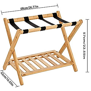 Folding Luggage Rack for Guest Room Foldable luggage Racks for Suitcase Stand with Nylon Straps,Luggage Stand Double Tiers Bamboo Luggage Holder with Shelf for Bedroom,Hotel,No Assembly Required