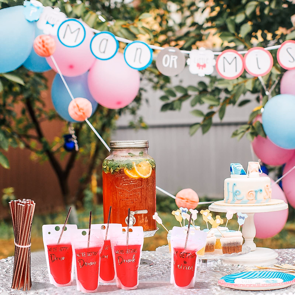 26 Pcs Drink Pouches for Wedding Party with Rose Gold Straw Reclosable Plastic Juice Bags Party Drink Pouch Bag, 17 oz