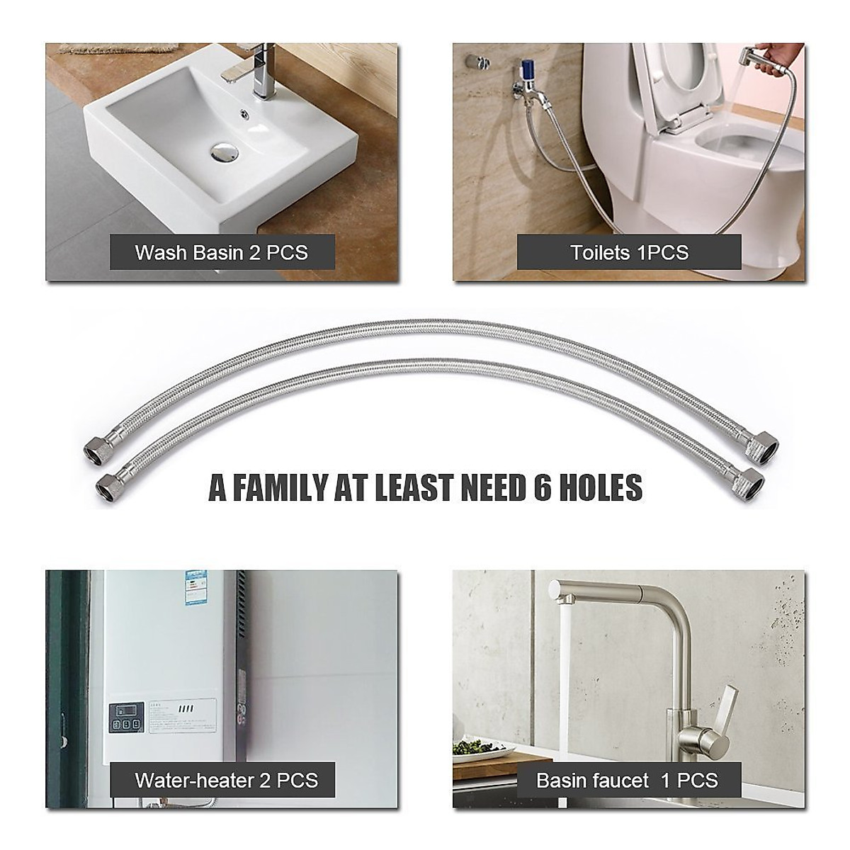 Vataler Faucet Line Connector Braided 304 Stainless Steel Supply Hose 1/2" I.P. Female Thread to 1/2" I.P. Female Straight Thread Faucet Hose Replacement (One Pair)
