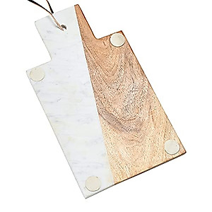 Boho 2-Tone Marble and Acacia Wood Charcuterie or Cutting Board with Brass Inlay and Leather Tie, White and Natural