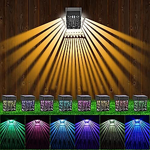 Solar Fence Lights, 8 Pack Solar Deck Lights Powered with 2 Mode RGB / Warm White, Color Glow Lights Outdoor Solar, Waterproof Solar Wall Lights Outdoor for Garden, Front Door, Backyard, Post