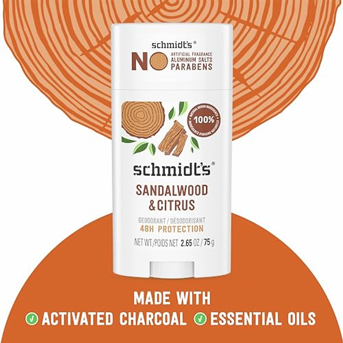 Schmidt's Aluminum-Free Vegan Deodorant Sandalwood & Citrus 2 Count for Women and Men, with 24 Hour Odor Protection, Natural Ingredients, Cruelty-Free, 2.65 oz