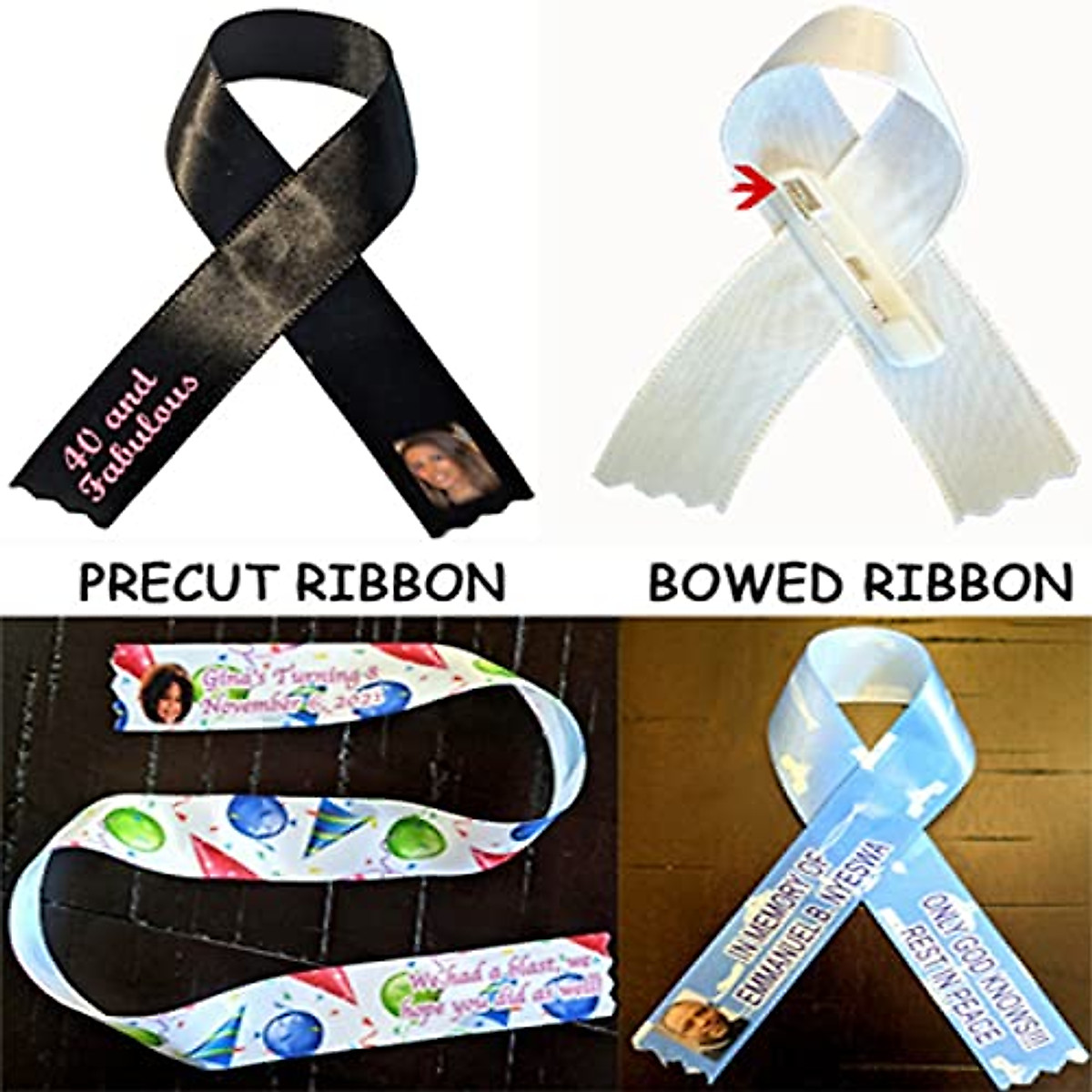 Personalized Ribbon Bow with Optional Pin for Memorial Funeral Awareness Event Or Party with Custom Printed Photo