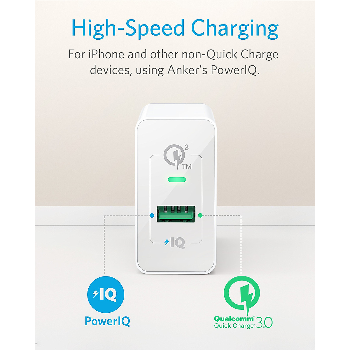 Quick Charge 3.0, Anker 18W 3Amp USB Wall Charger (Quick Charge 2.0 Compatible) PowerPort+ 1 for Galaxy S10/S9/S8/Edge/Plus, Note 8/7, LG G4, HTC One A9/M9, Nexus 9, iPhone, iPad and More