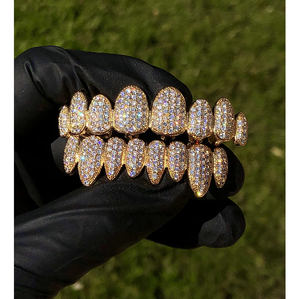 14k Iced 1.2 ct CZ Set 8 Teeth Joker Gold Grillz for Mouth Top Bottom Hip Hop Teeth Grills for Teeth Mouth Grillz for Mouth Top Bottom Set (Gold)