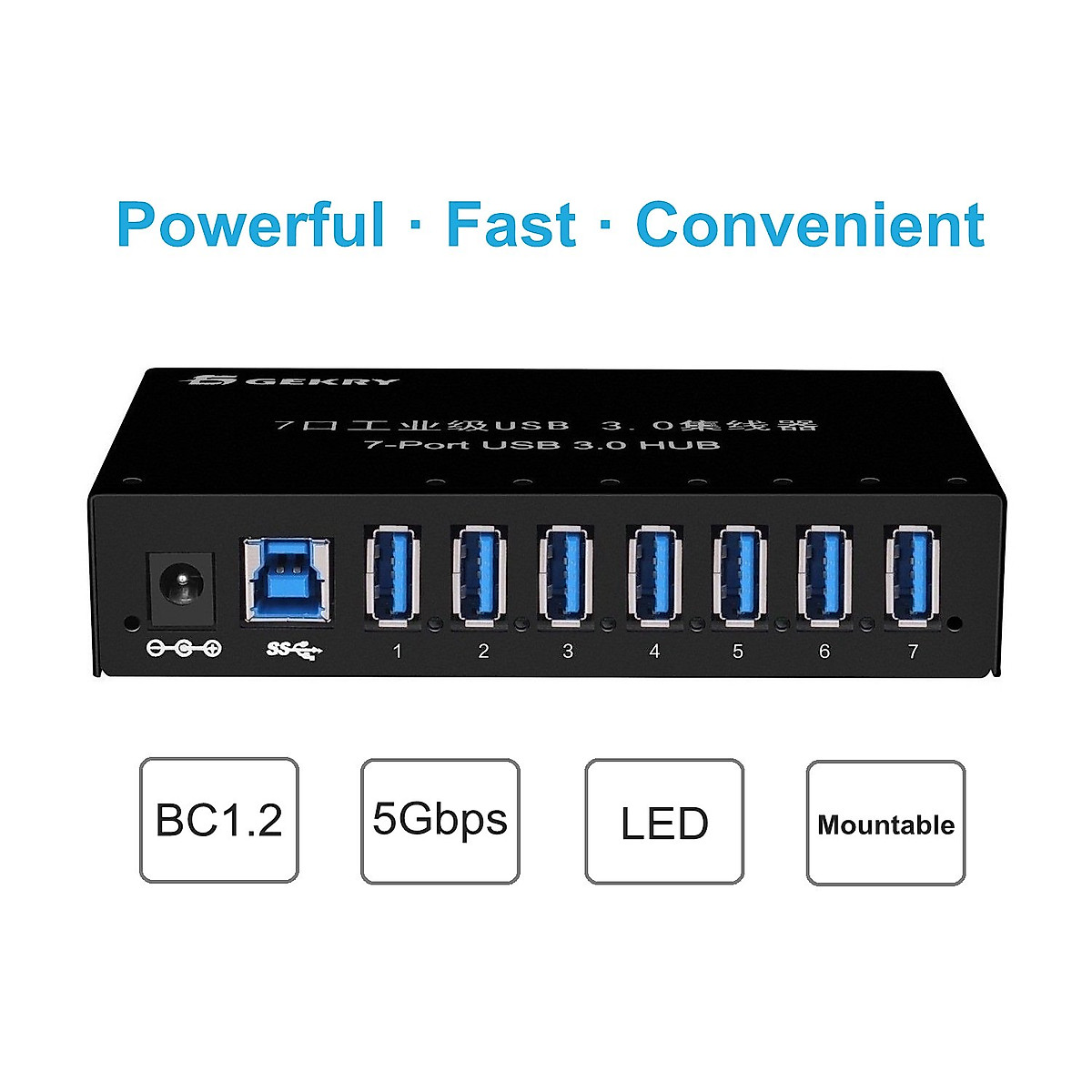 GEKRY USB 3.0 Hub, USB Data Hub, Metal Case Mountable 7-Port Powered USB Hub 3.0 with 36W AC Adapter-Type A
