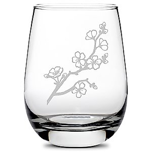 Integrity Bottles Cherry Blossom Design Stemless Wine Glass, Handmade, Handblown, Hand Etched Gifts, Sand Carved, 16oz
