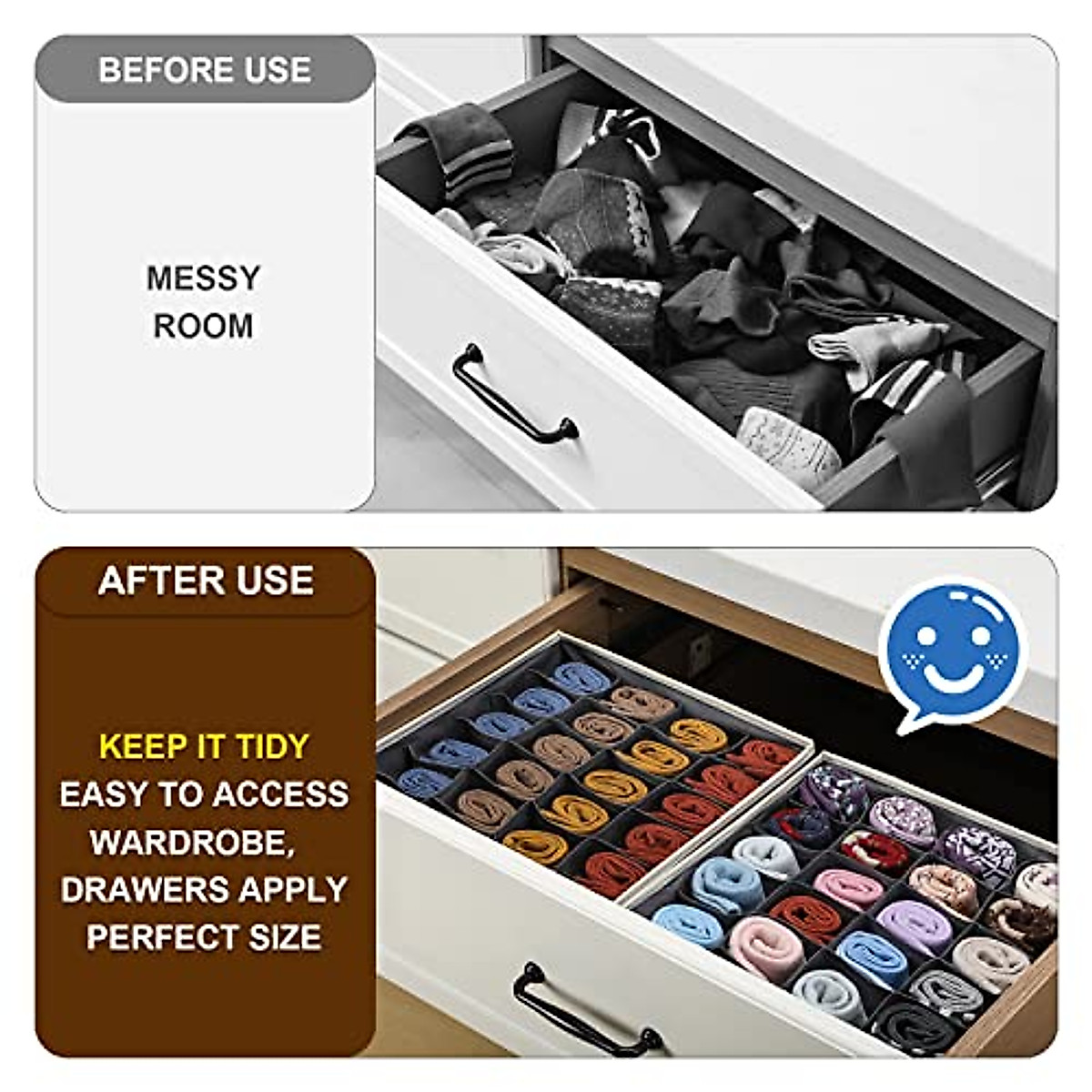 4 Pack Sock Underwear Organizer Drawer Dividers, 88 Cell Foldable Fabric Dresser Closet Organizers Bins, Bedroom Cabinet Organization and Storage Box for Socks, Underwear, Panty, Ornament, Ties