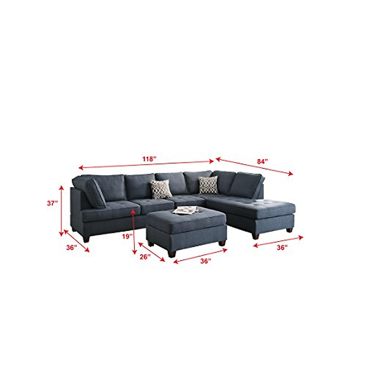 Poundex Bobkona Kemen 2-Pieces Sectional Sofa | Linen-Like Polyfabric Left or Right Chaise | F6989 model | Blue color