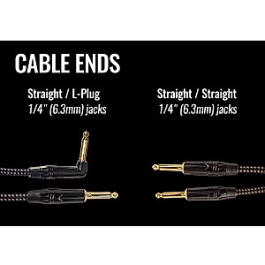 KLOS Silent Cable - No Contact Noise Instrument Guitar Cable for Electric Guitar, Bass Guitar, Acoustic Electric Guitar, Straight-Straight Angle, 10 ft, Black - Single