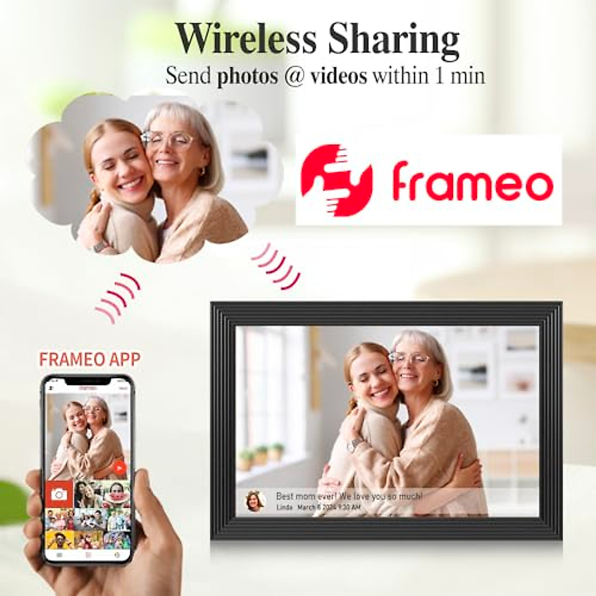 Digital Picture Frames Load from Phone, Frameo 10.1 inch Smart WiFi Digital Photo Frames You Can Send Pictures to, 1280x800 IPS LCD Touch Screen, Built in 32GB, Gift for Friends and Family…