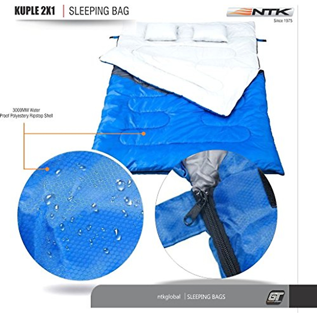 NTK KUPLE Double 2 in 1 Sleeping Bag with 2 Pillows and a Carrying Bag with Compressor Straps for Camping, Backpacking, Hiking. (Blue)