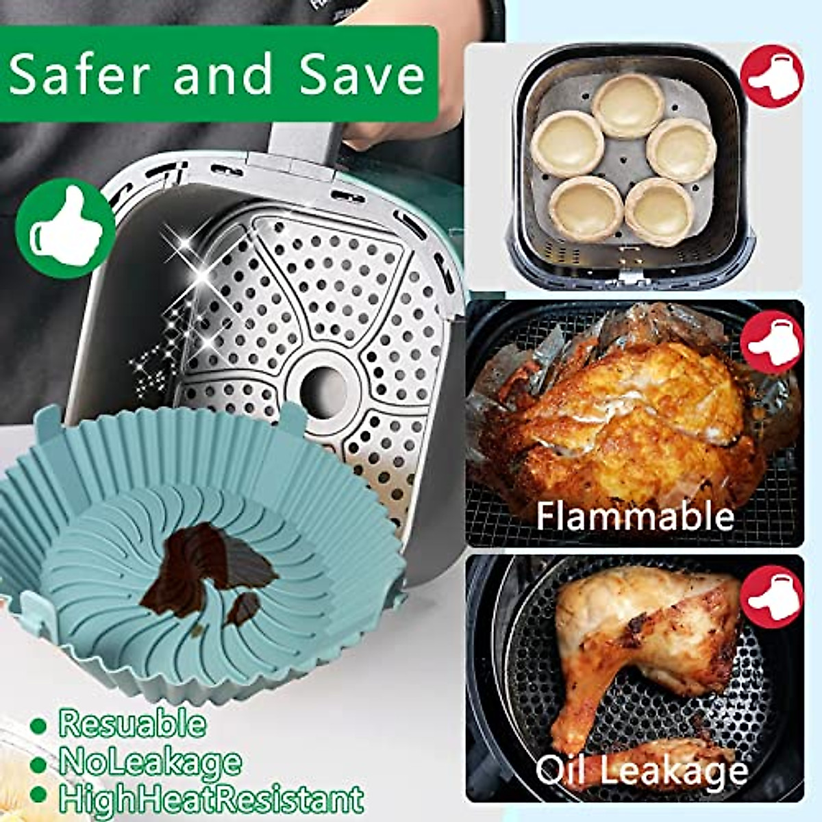 Air Fryer Silicone Liners, BBN 2 Pcs 8 inch Silicone Air Fryer Pot with lanyard Reusable Air Fryer Silicone Basket for 3 to 6 QT Air fryers Liners Silicone for Air fryer Oven Accessories (Red+Blue)