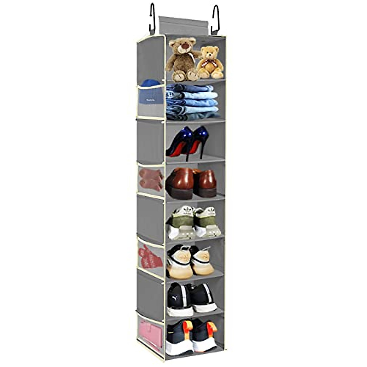 roomtalk Large-Sized Hanging Shoe Organizer 8-Shelves, Hanging Closet Clothes Organizer with 8 Side Pockets, Wider Hanging Shoe Shelves, Shoe Rack Closet, Shoe Hanger 9" W × 11.8" D× 48" H, Grey