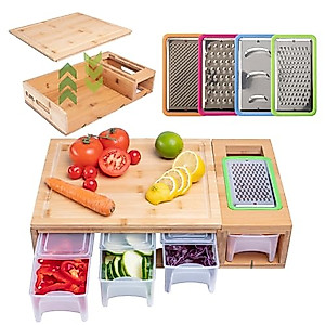 Bamboo Cutting Board With Containers - Meal Prep Station With Removable Top, Kitchen Boards & Food Storage Tray With Lids, Home Prepdeck Marble & Veggie Shredder Wood Prepboard Deck Slide Drawer Bins