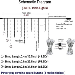 Orangie LED Icicle Lights, 96 LEDs 11.4ft 8 Modes, Curtain Fairy Light, LED String Light for Wedding/Christmas/Halloween/Thanksgiving/Easter/Party Backdrops Family Patio Lawn Decoration(Warm White)