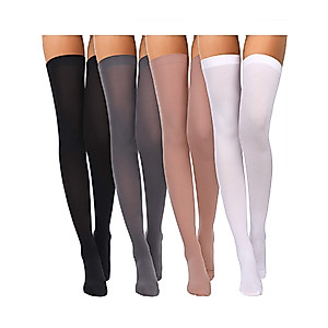 4 Pairs Women's Silk Thigh High Stockings Nylon Socks for Women Halloween Cosplay Costume Party Tights Accessory (Black, White, Skin Color, Grey,F Size)