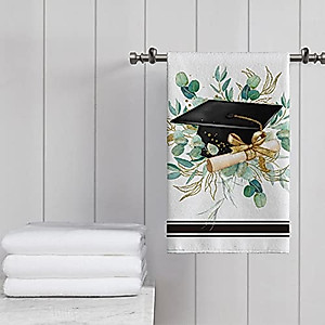 Artoid Mode Congrats Eucalyptus Leaves Diploma Cap Fingertip Towel, 18x26 Inch Soft Absorbent Graduation Party Hand Towel for Kitchen Decoration
