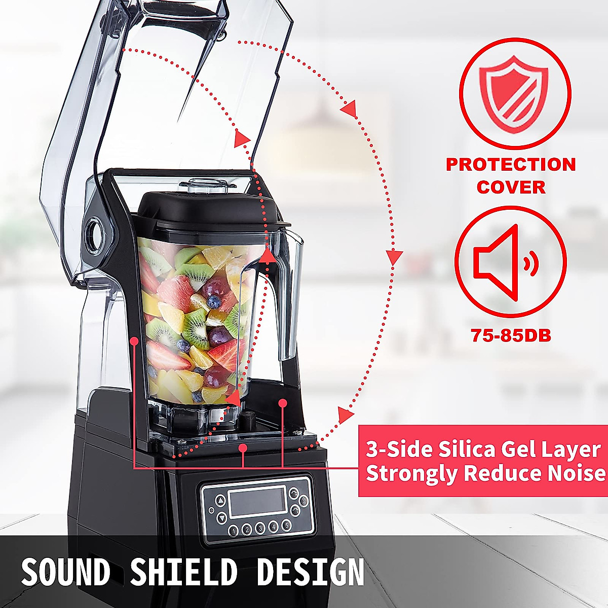 VEVOR 110V Commercial Smoothie Blenders 1.5L/50.7oz 1500W Countertop Silent Blender with Sound Shield, Quiet Blender Self-Cleaning, Includes Multifunctional 2-in-1 Wet Dry Blades, Black