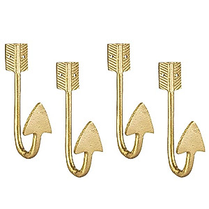 MyGift Handcrafted Vintage Gold Metal Wall Mounted Coat Hook with Arrow Shaped Design, Entryway Hanging Storage Hooks, Set of 4 - Made in India