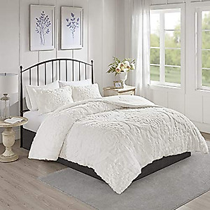 Madison Park Tufted Chenille Cotton Comforter, All Season Bedding Set, Matching Shams, Viola, Damask Off White Full/Queen(90"x90") 3 Piece