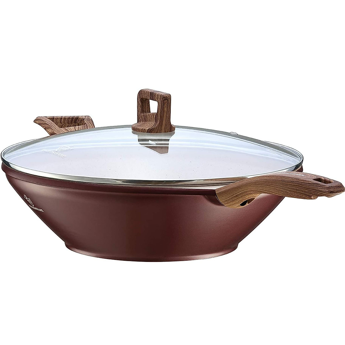 WaxonWare 12.5 Inch Non Stick Wok With Glass Lid Coated With Marbellous (A 100% PFOA & APEO Free German Non Stick Coating) - For Stir-Frying, Shallow Frying, Deep Frying & Braising