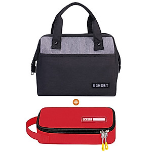 ECHSRT Large Insulated Lunch Tote Bag 10L Lunchbox Large Pencil Case Durable Pen Pouch with Handle 2pack Black & Red