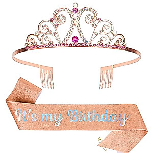 BAHABY Birthday Crown for Women It's My Birthday Sash & Rhinestone Tiara Set Birthday Sash and Tiara for Women Rhinestone Headband for Girl Glitter Crystal Hair Accessories for Party - Rose Gold